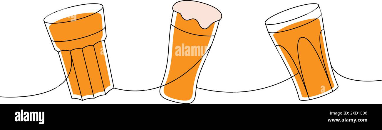 Beer glasses one line colored continuous drawing. Beer pub products ...