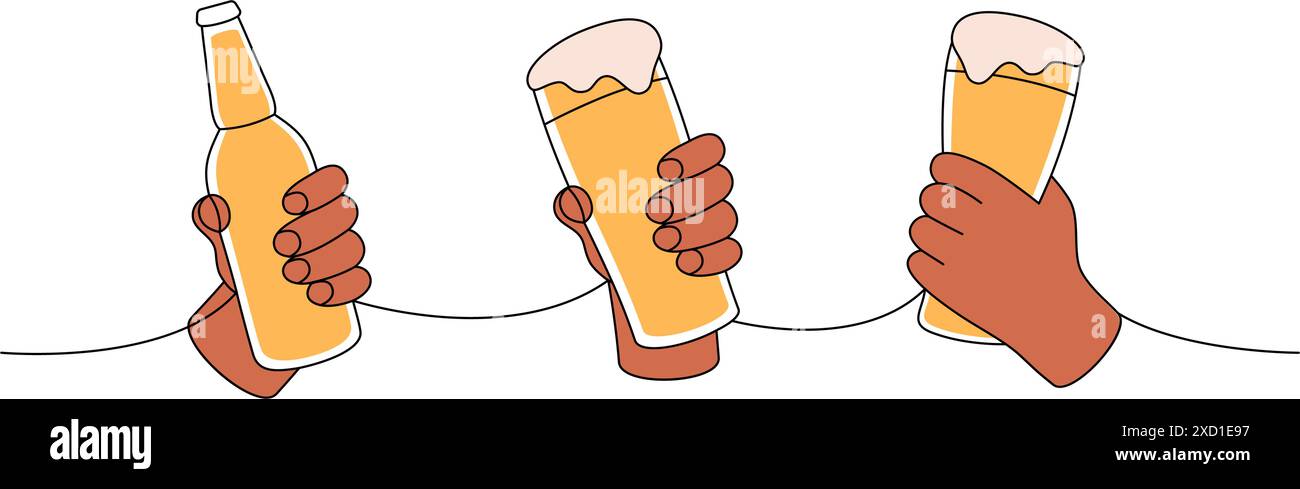 Hands holding a bottles one line colored continuous drawing. Beer pub ...