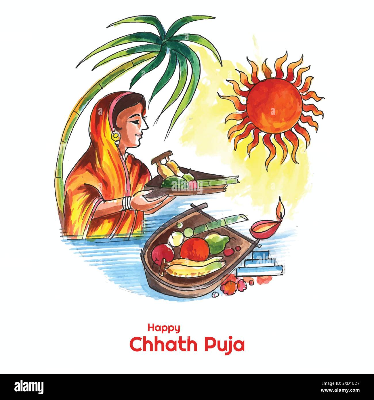 Indian women for happy chhath Puja with background and Sun Stock Vector ...