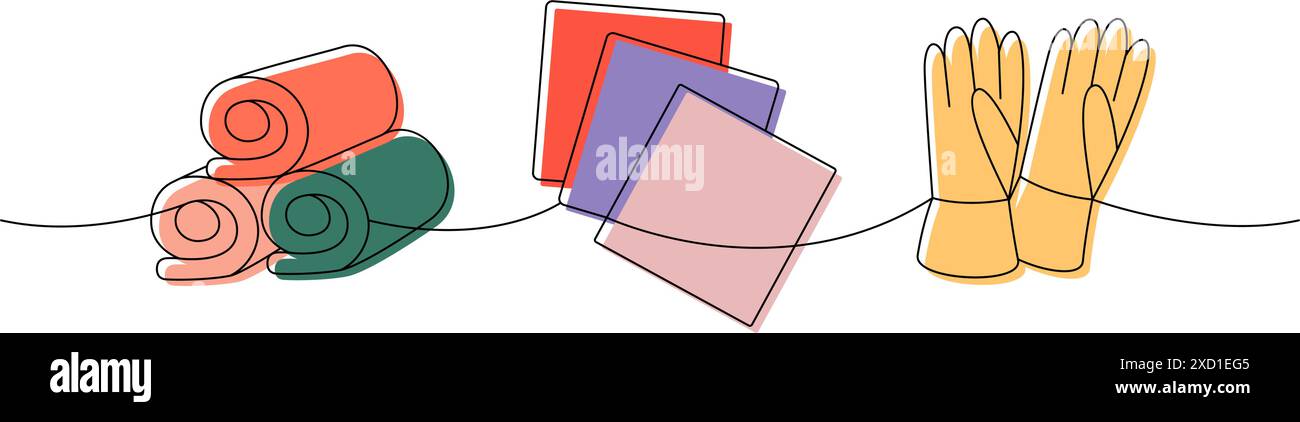 Cleaning set one line colored continuous drawing. Towels for bathroom ...