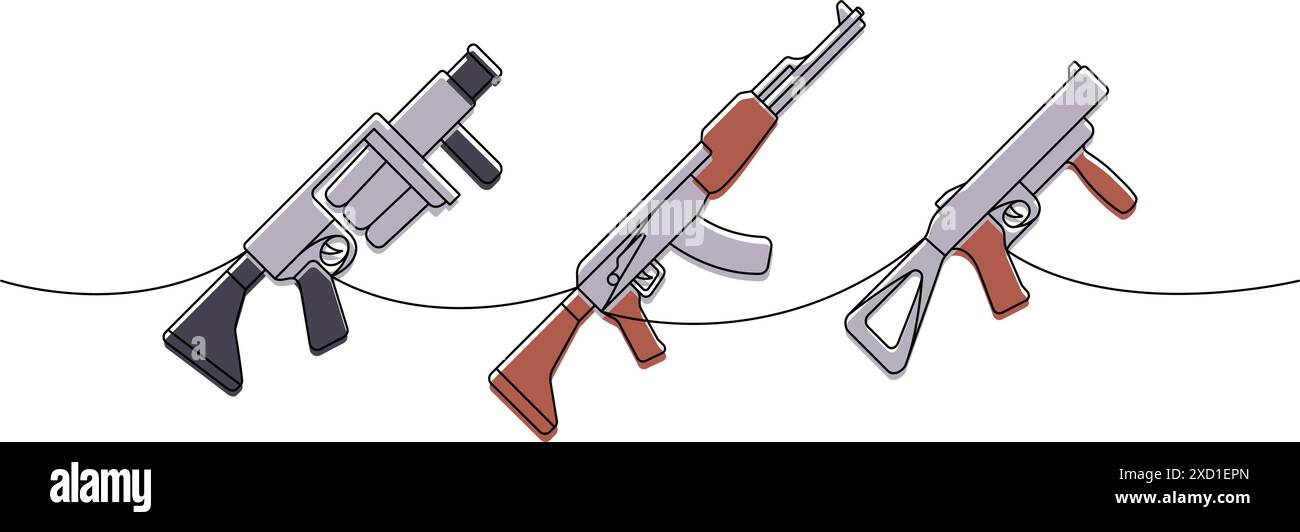 Various modern weapons one line colored continuous drawing. Grenade ...