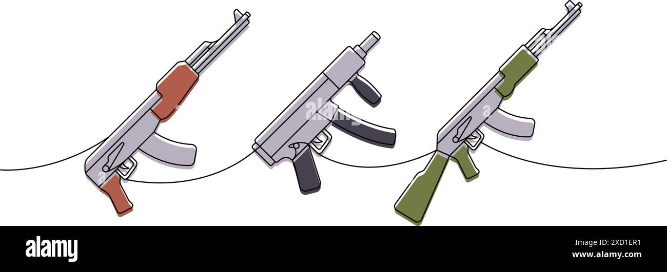 Set of tactical assault rifles one line colored continuous drawing ...