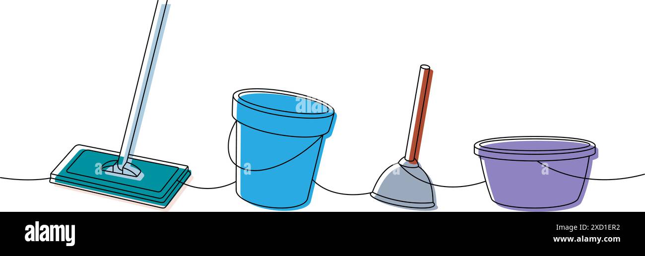 Housekeeping set one line colored continuous drawing. Floor mop, bucket ...