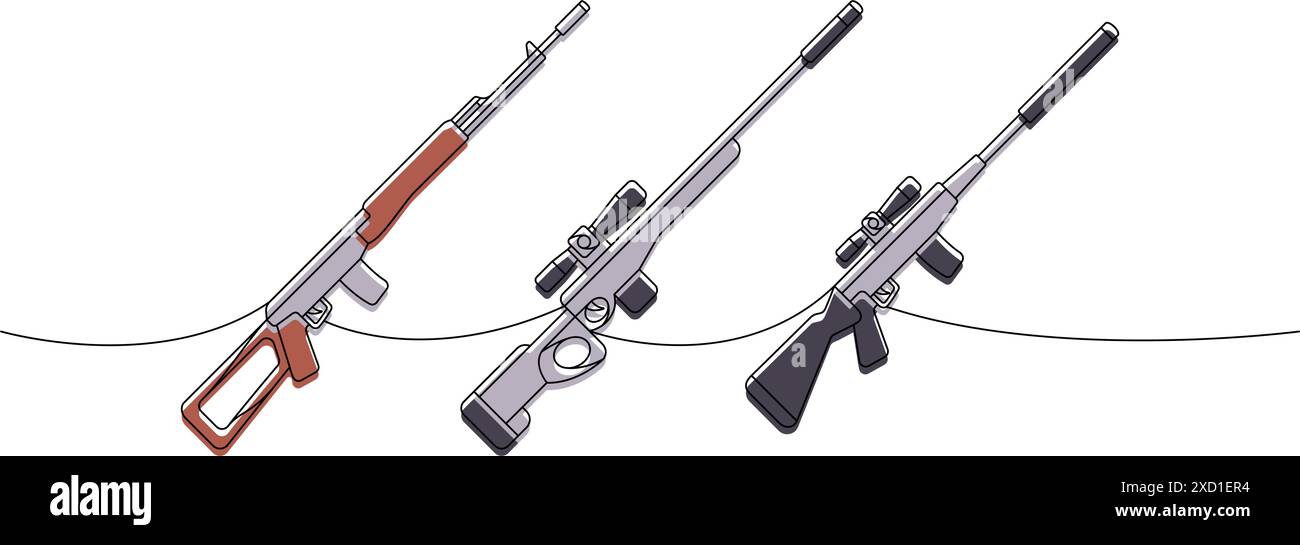 Set of sniper rifles one line colored continuous drawing. Various modern weapons continuous one ...