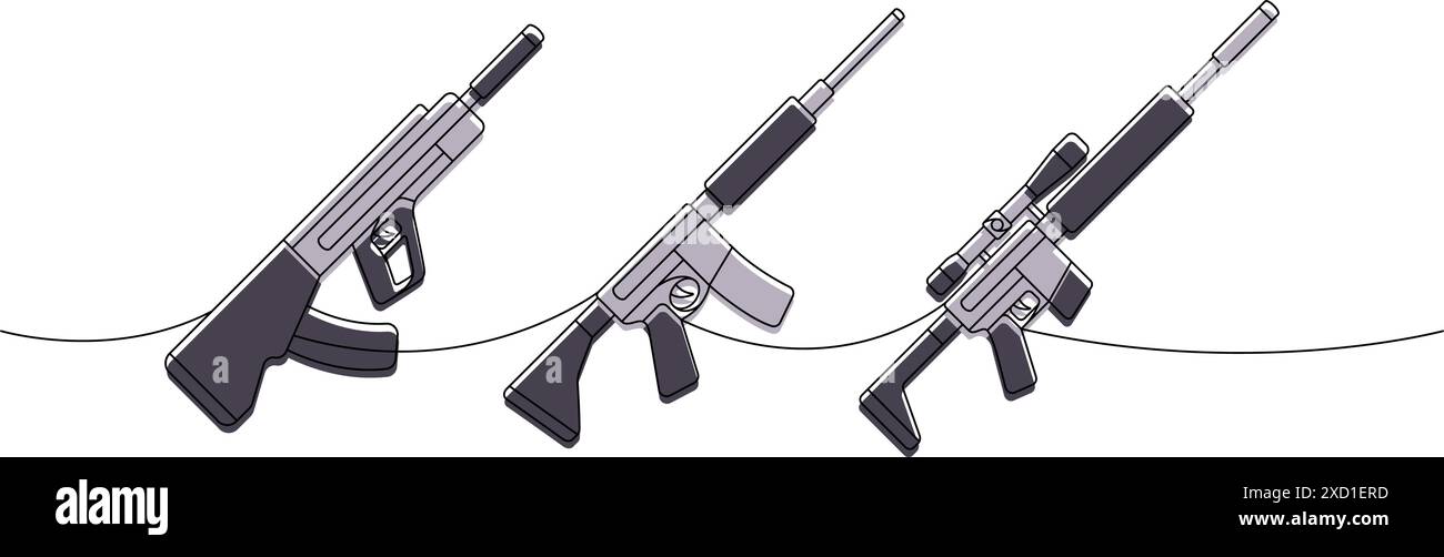 Tactical assault rifles set one line colored continuous drawing ...