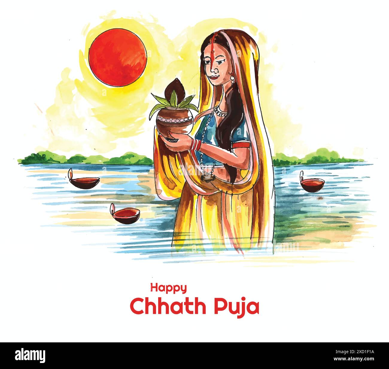 Indian women for happy chhath Puja with background and Sun Stock Vector ...