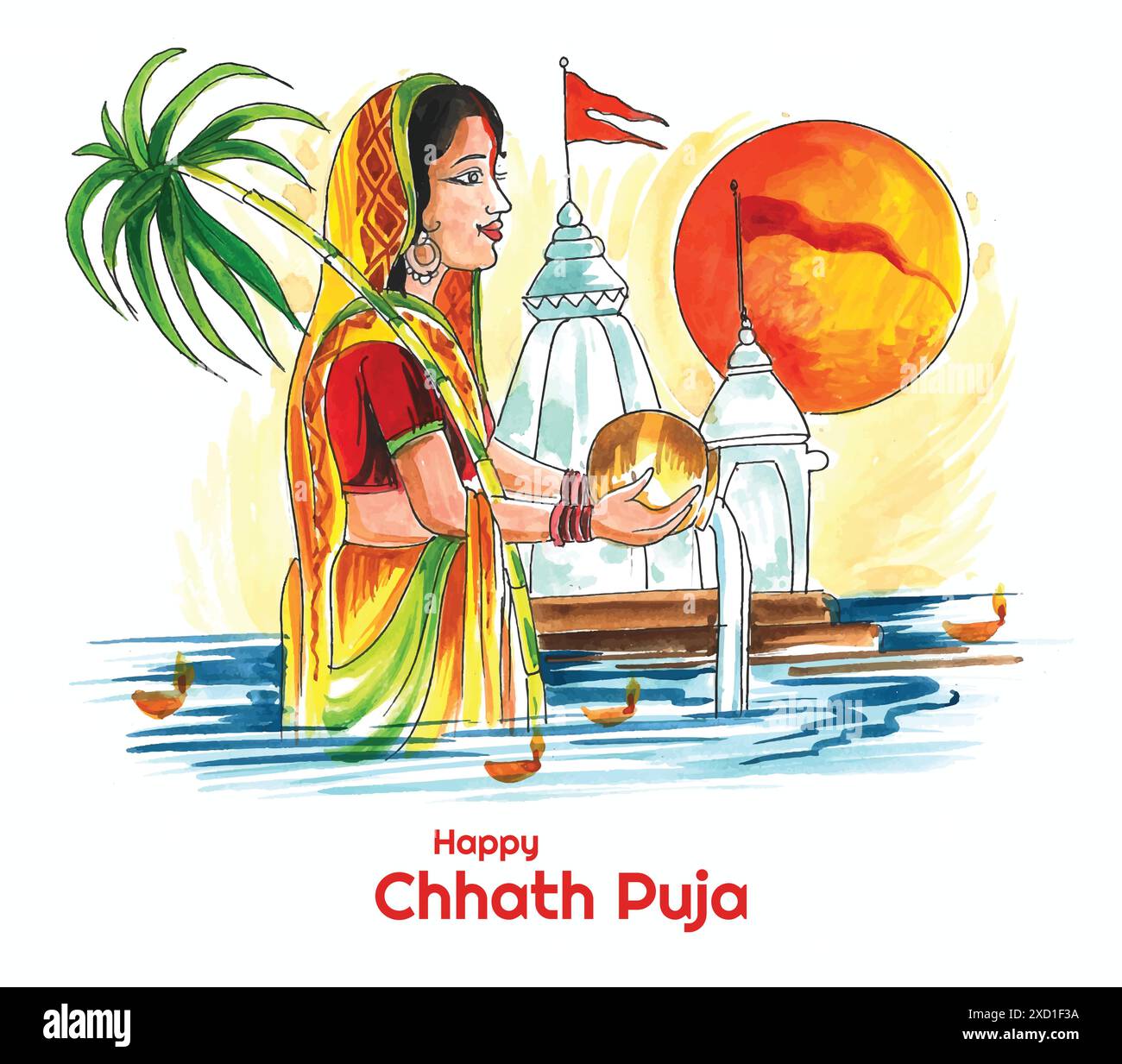 Indian women for happy chhath Puja with background and Sun Stock Vector ...