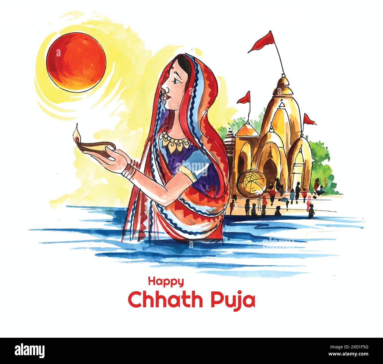 Indian women for happy chhath Puja with background and Sun Stock Vector ...