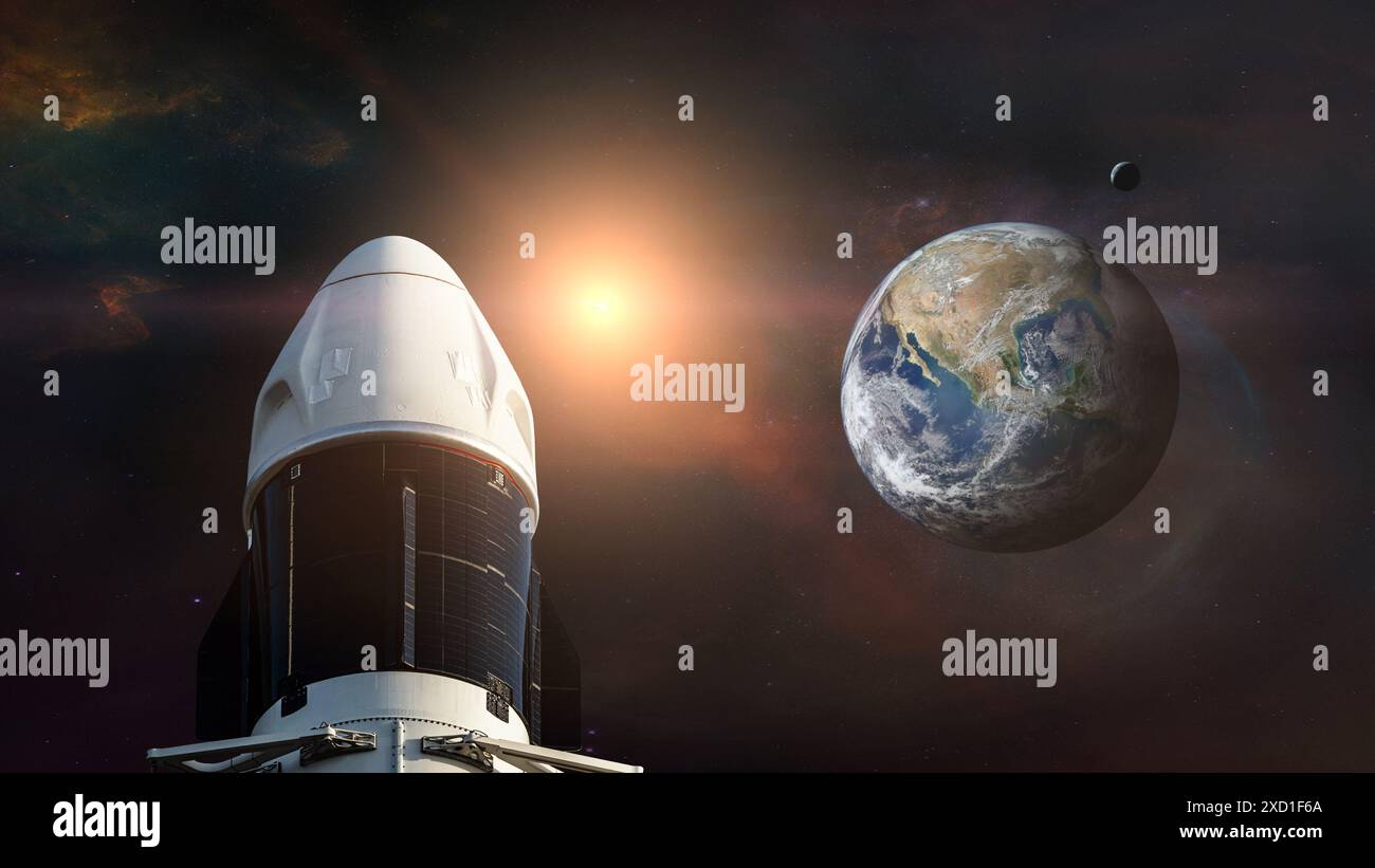 Cargo spacecraft with Earth planet in deep space. Elements of this ...