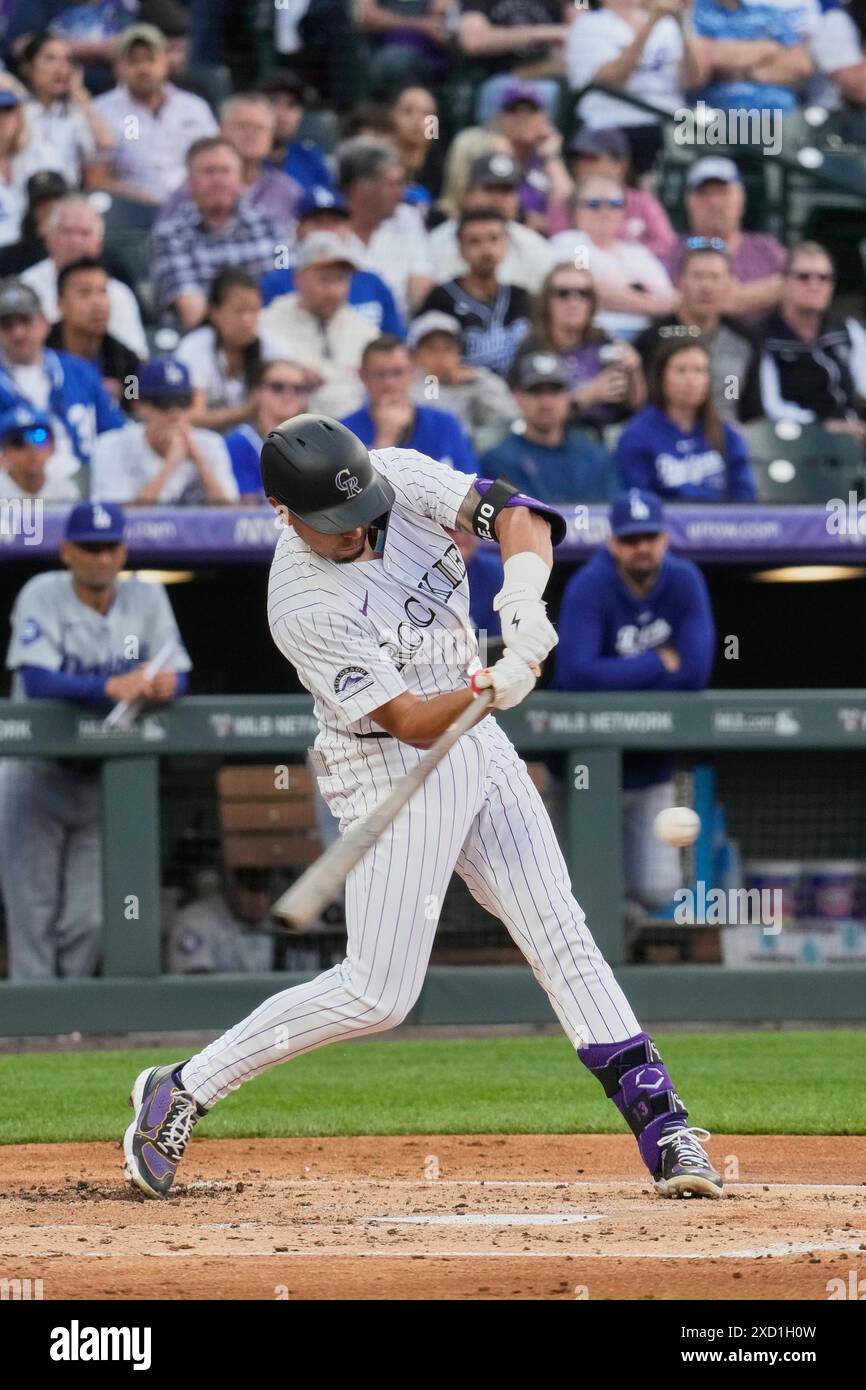 June 18 2024: Rockies second baseman Alan Trejo (13) gets a hit during ...