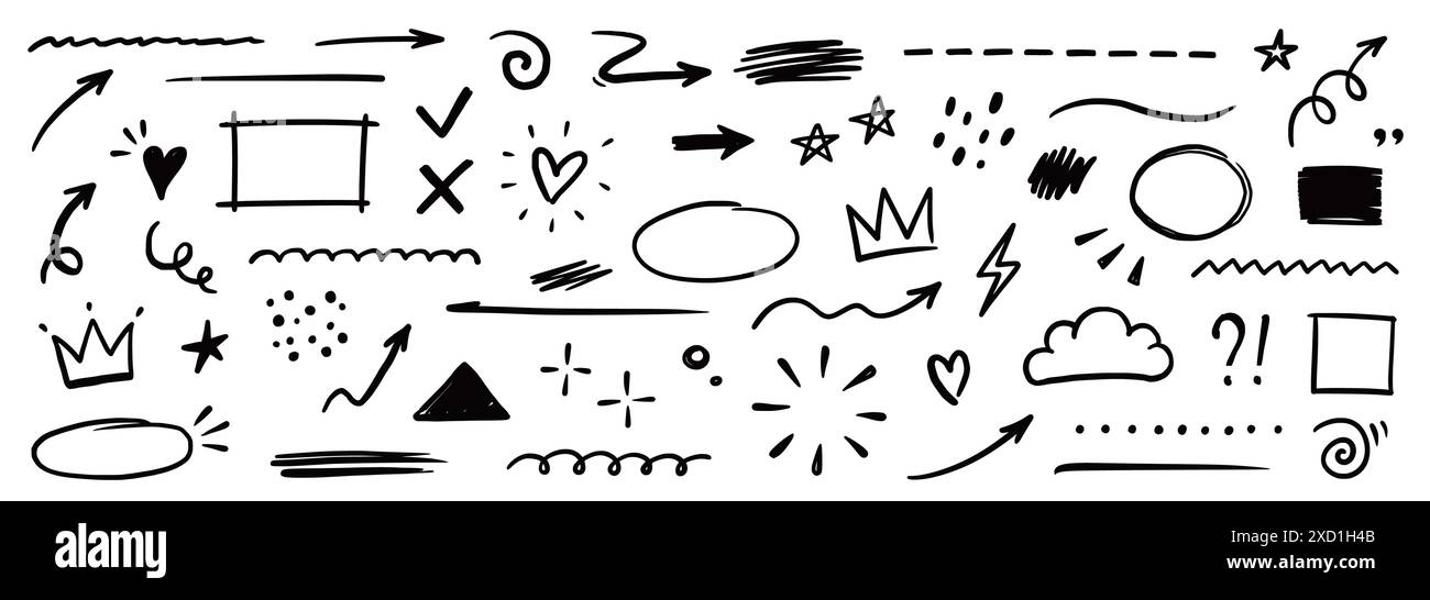 Line shape marker underline, arrow, heart brush element set. Hand drawn ...