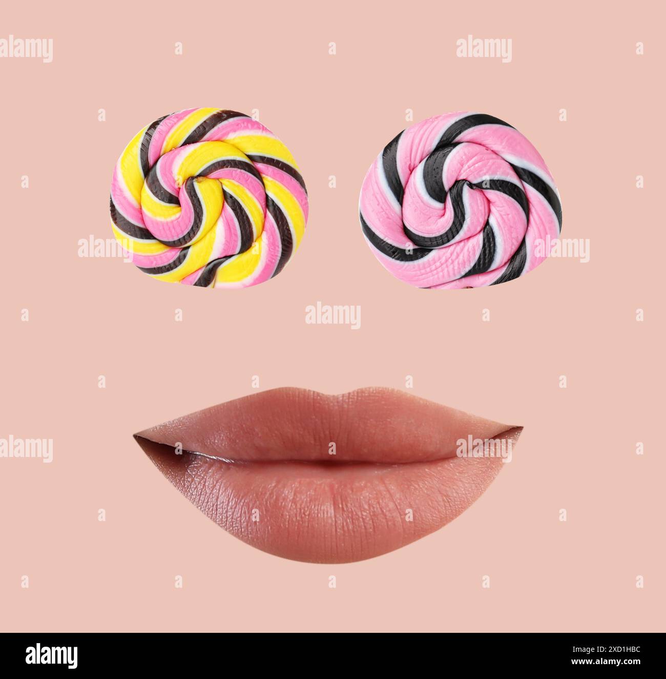 Sweet tooth with candies instead of eyes on beige background. Creative ...