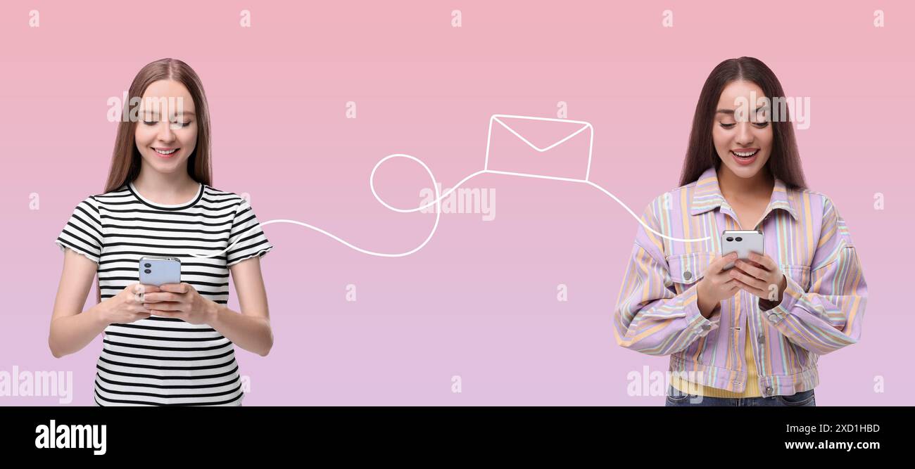 Women with smartphones messaging on pink gradient background, banner ...
