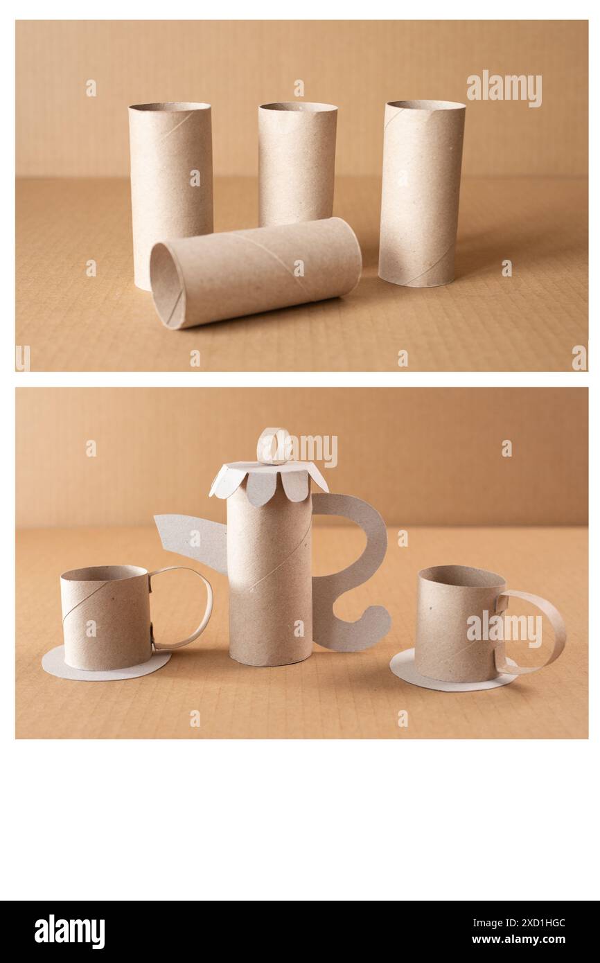 A charming still life scene, Toilet paper rolls, cardboard teapot, and ...