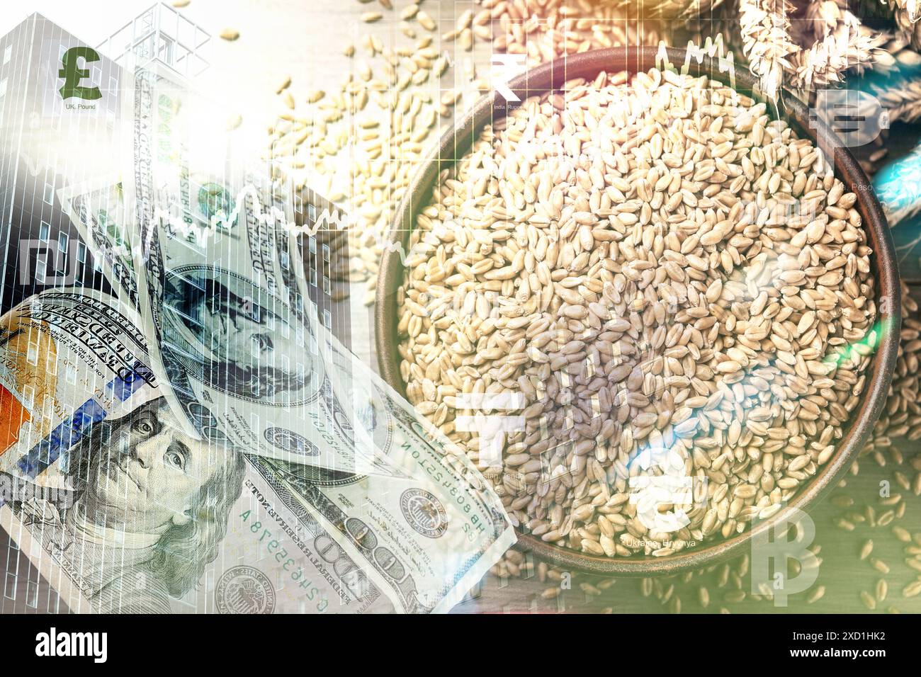 Global grain crisis. Wheat seeds, dollar bills, office building ...