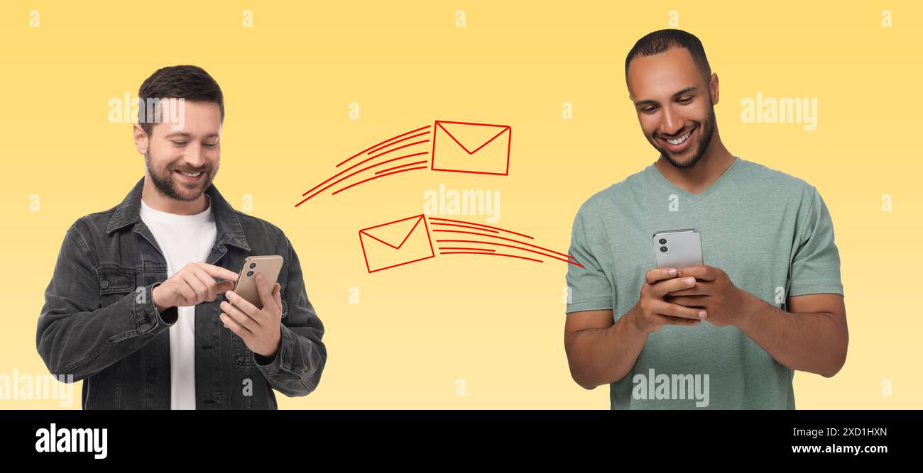 Men with smartphones messaging on yellow background, banner design ...