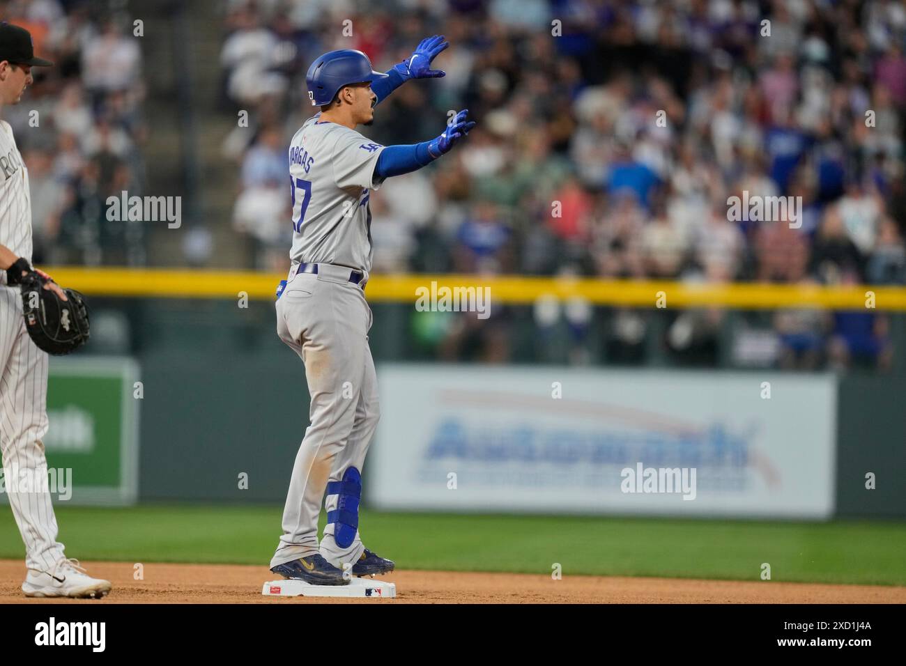 June 18 2024: Dodger left fielder Miguel Vargas (27) hits a double ...