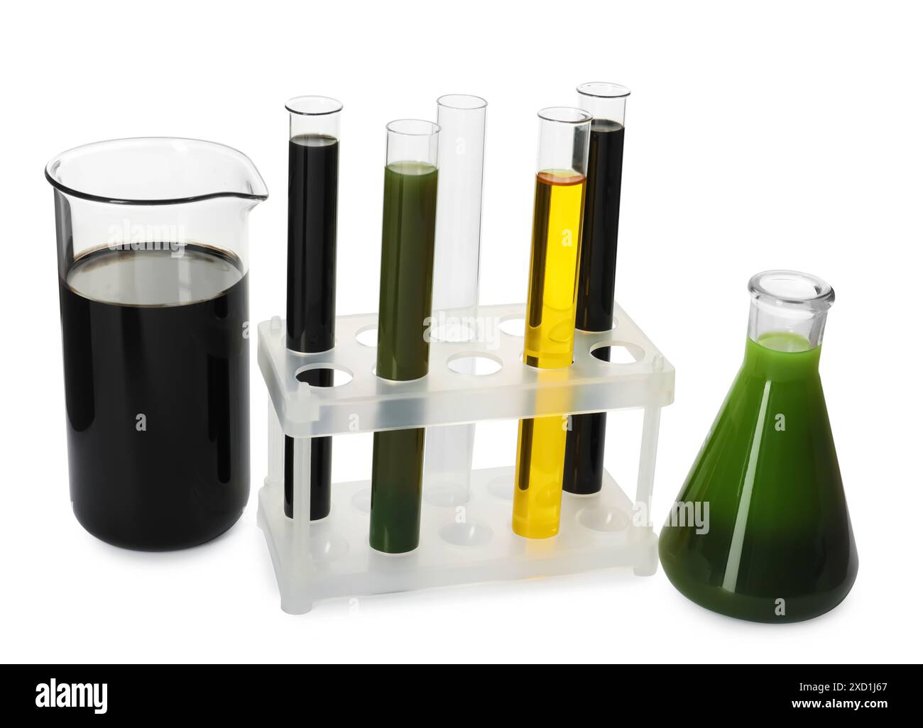 Test tubes, beaker and flask with different types of oil isolated on ...