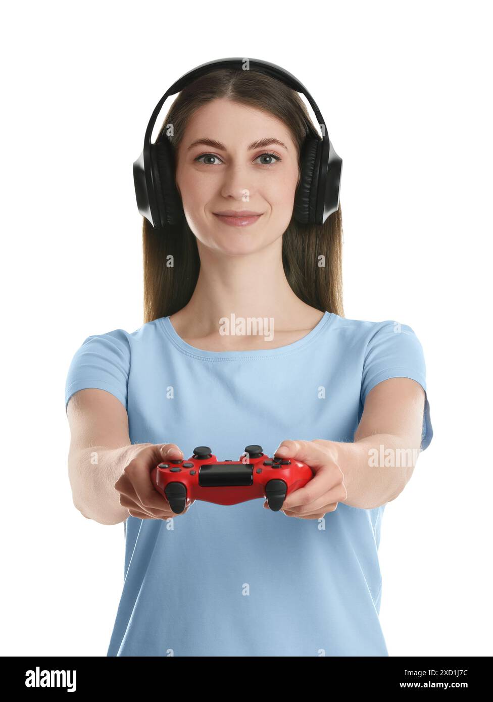 Beautiful woman in headphones with controller on white background Stock ...