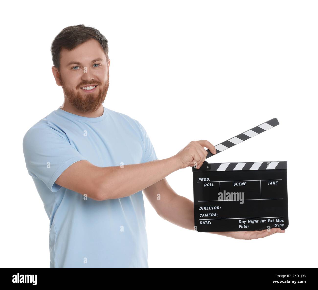 Making movie. Smiling man with clapperboard on white background Stock ...