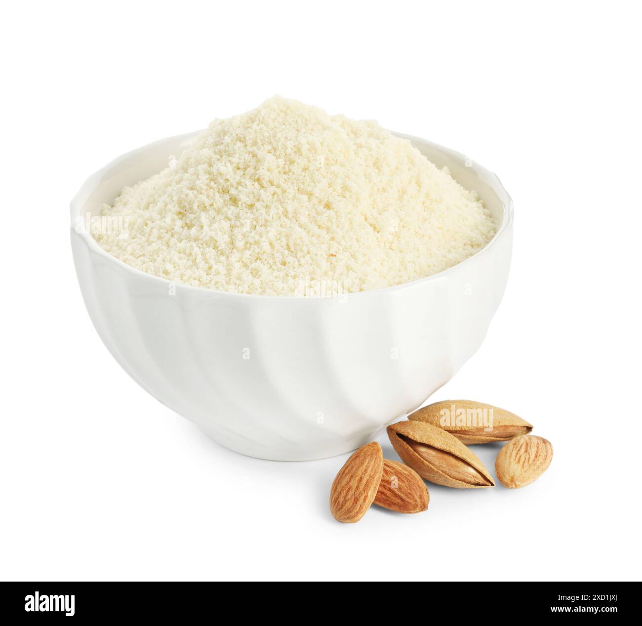 Fresh almond flour in bowl and nuts isolated on white Stock Photo - Alamy