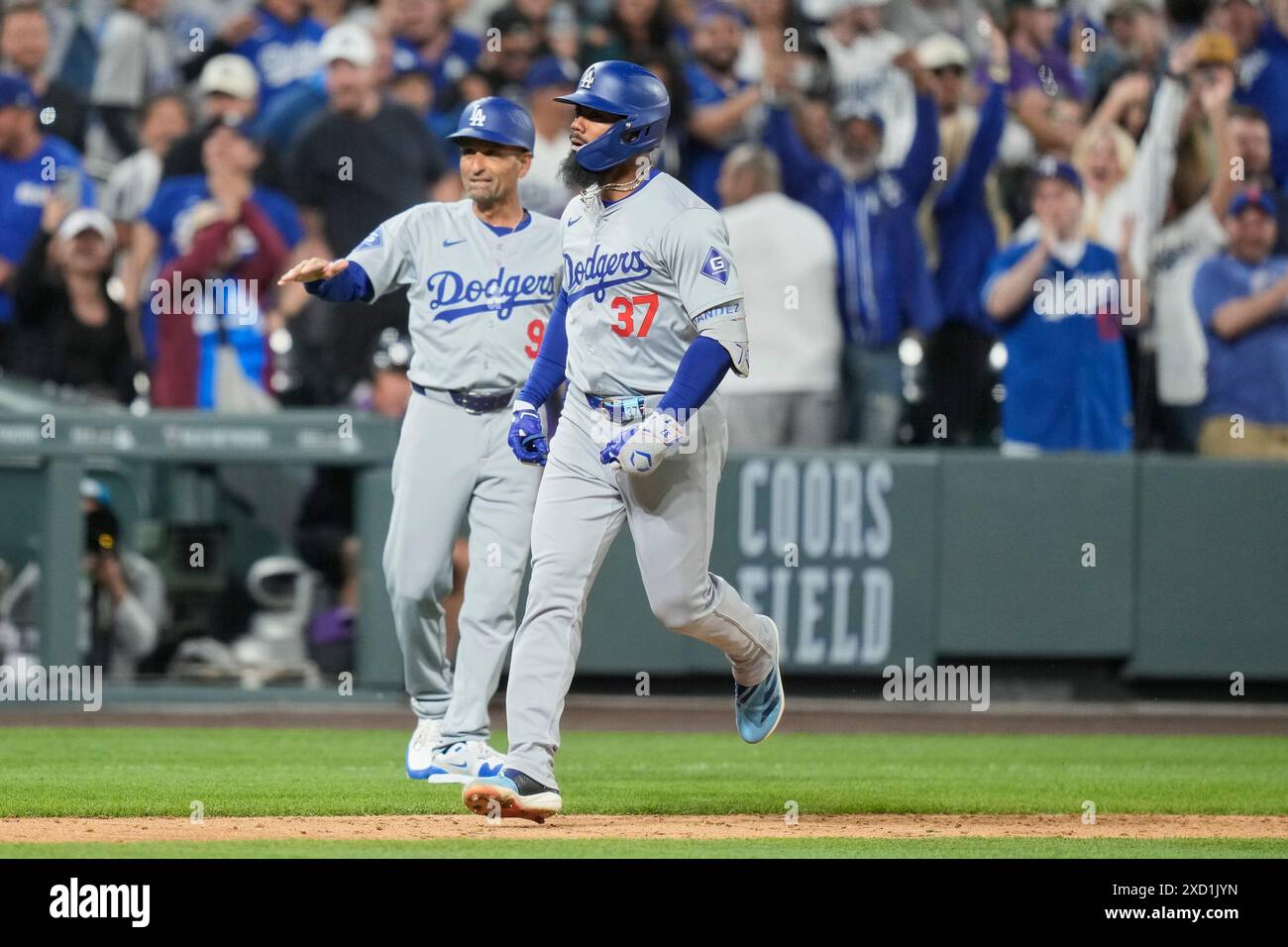 Denver CO, USA. 18th June, 2024. Dodger right fielder Teoscar Hernandez ...