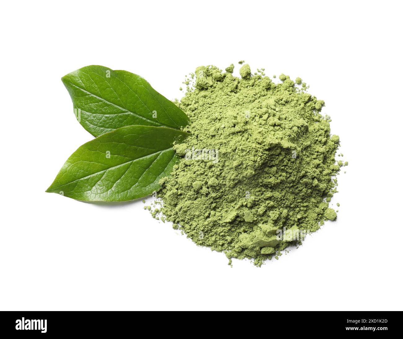 Pile of green matcha powder and leaves isolated on white, top view ...