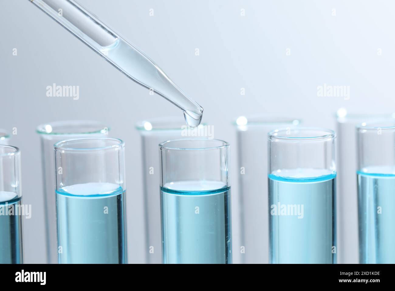 Dripping liquid from pipette into test tube on light background ...