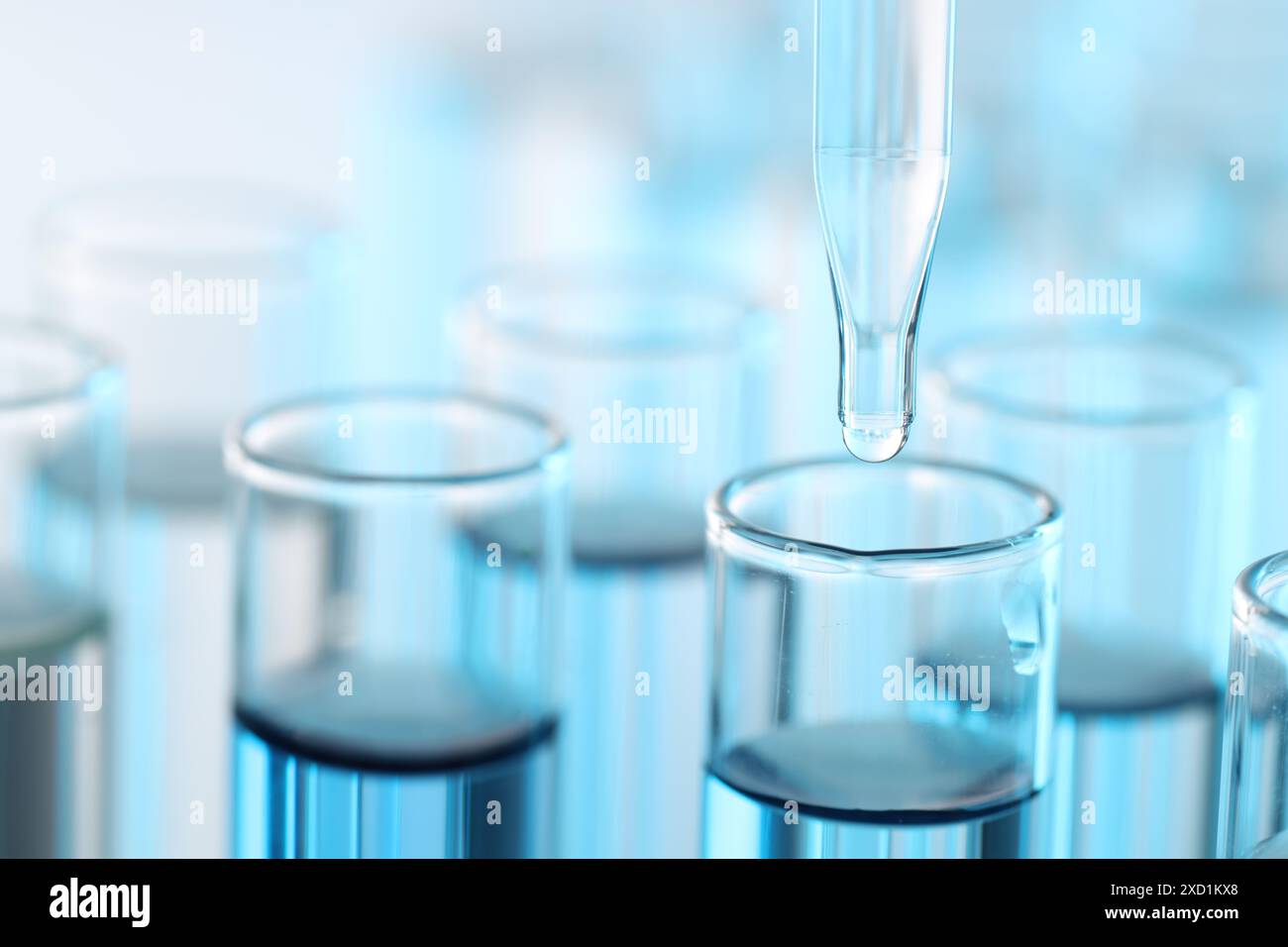 Dripping liquid from pipette into test tube on light background ...