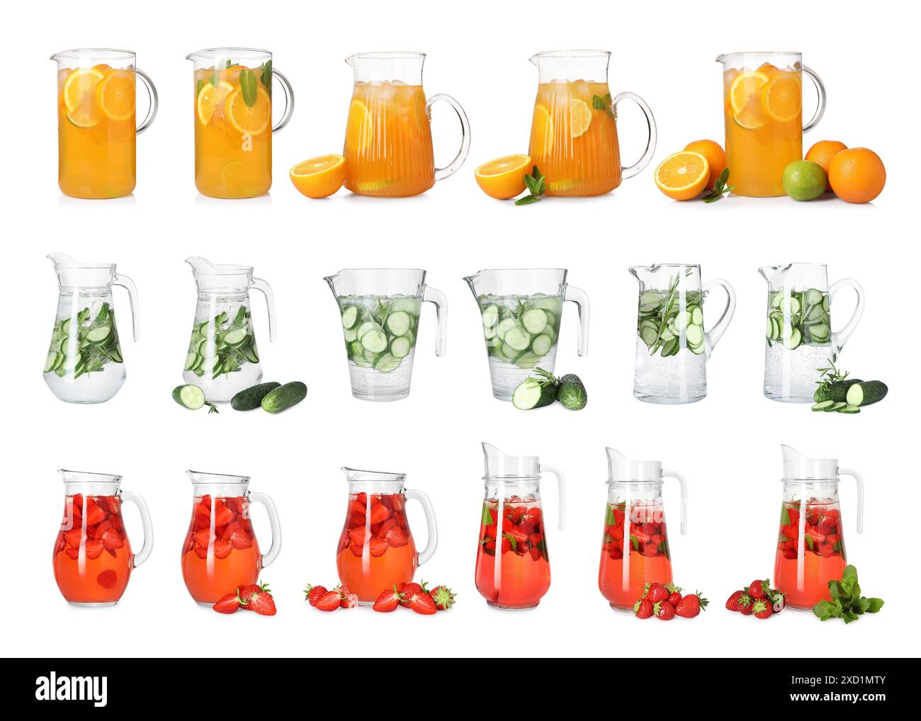 Glass jugs with refreshing drinks isolated on white, set Stock Photo ...