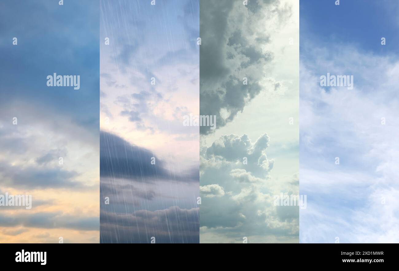 Different weather conditions due to season changing. Collage with ...