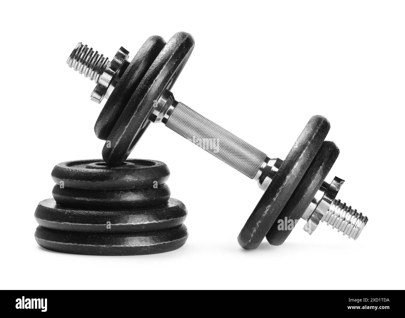 Barbell and stack of weight plates isolated on white Stock Photo - Alamy