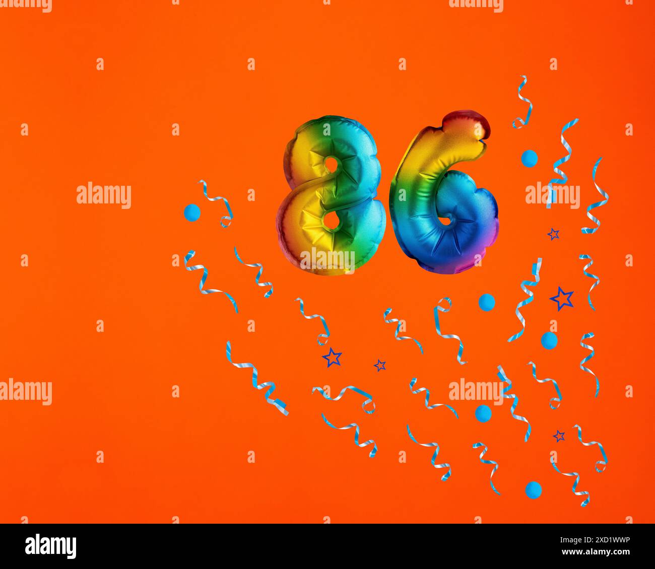 Multicolor balloon number 86 - Confetti explosion on orange background ...