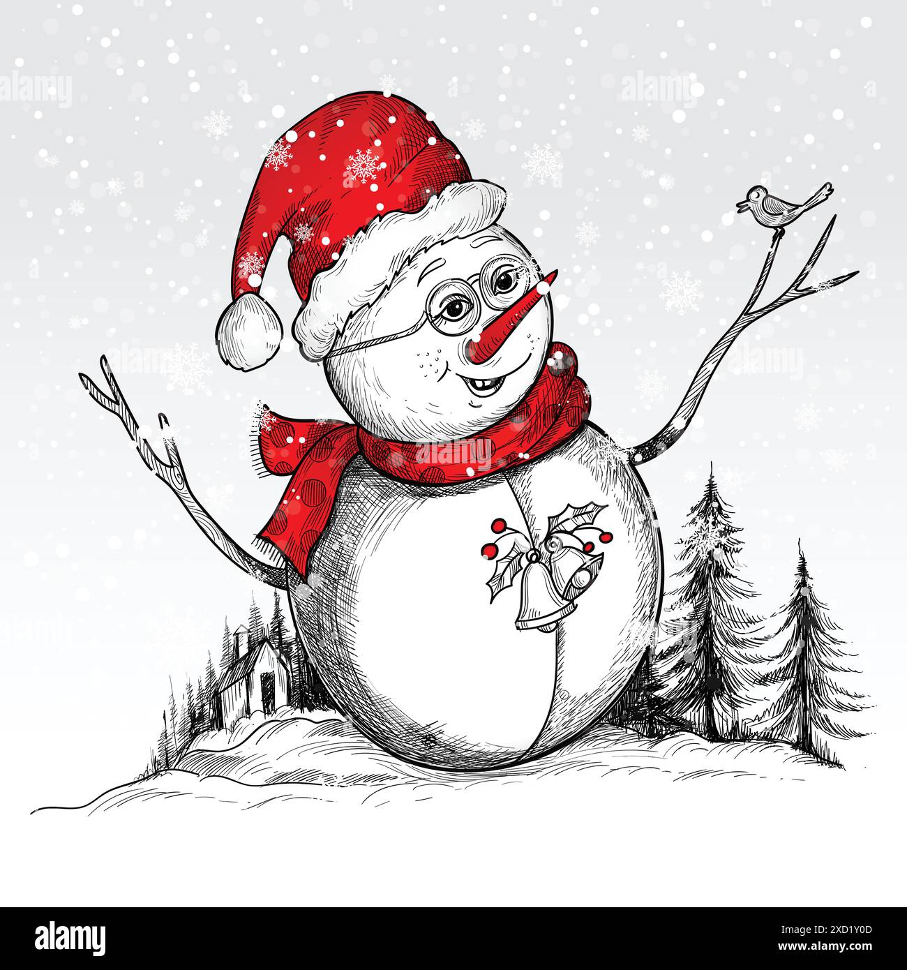 Hand draw cute cheerful snowmen sketch merry christmas card background ...