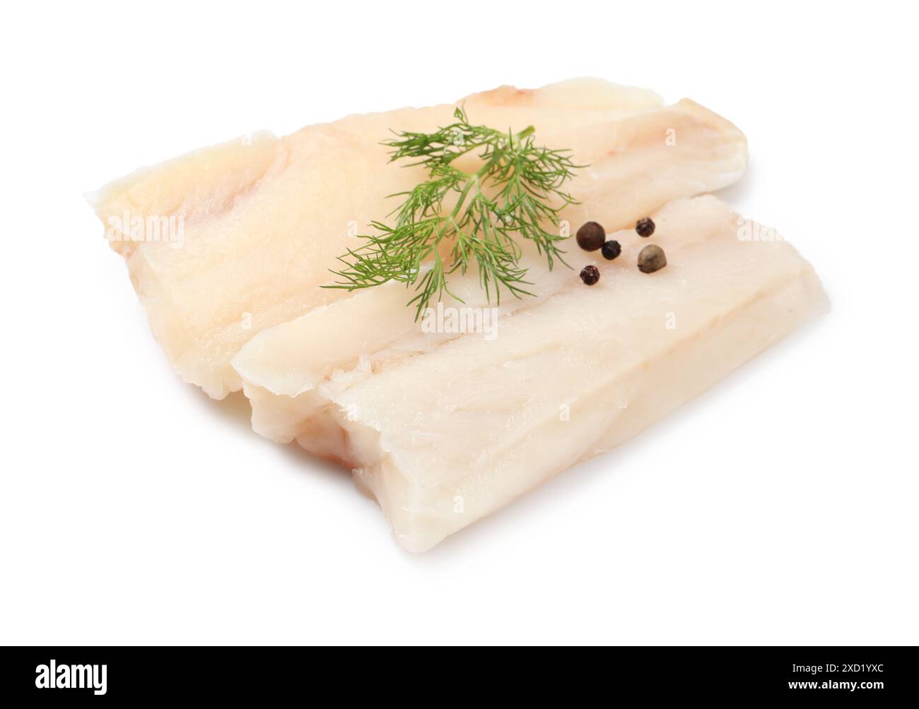 Pieces of raw cod fish, dill and peppercorns isolated on white Stock ...