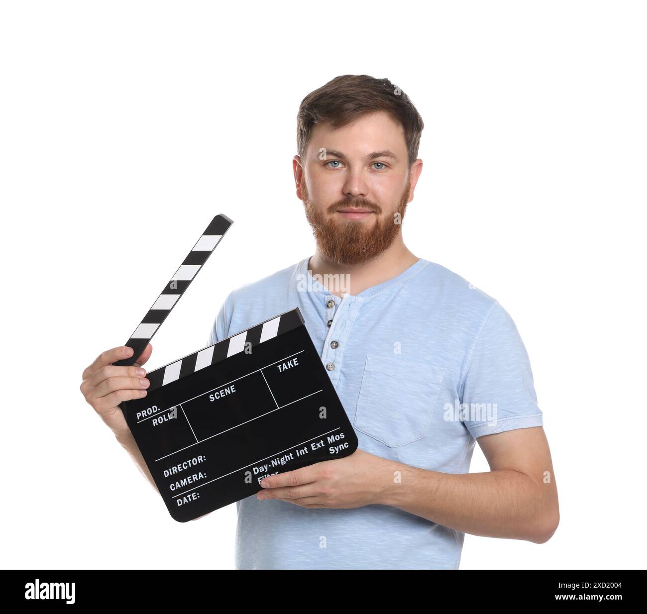 Making movie. Man with clapperboard on white background Stock Photo - Alamy