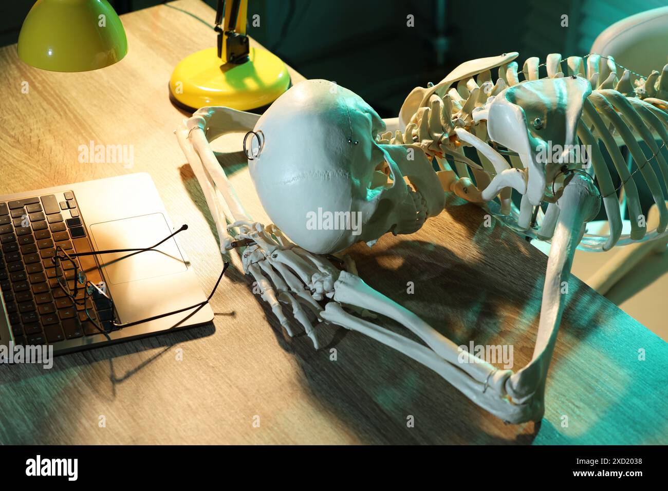 Waiting concept. Human skeleton sleeping at wooden table with laptop ...