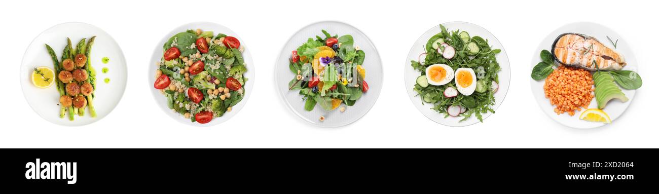 Set of different healthy meals on white background, top view Stock ...