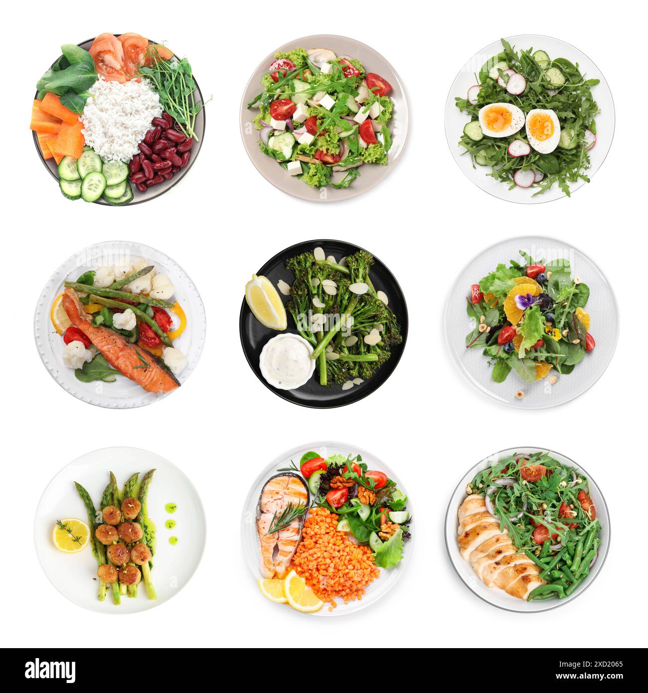Set of different healthy meals on white background, top view Stock ...