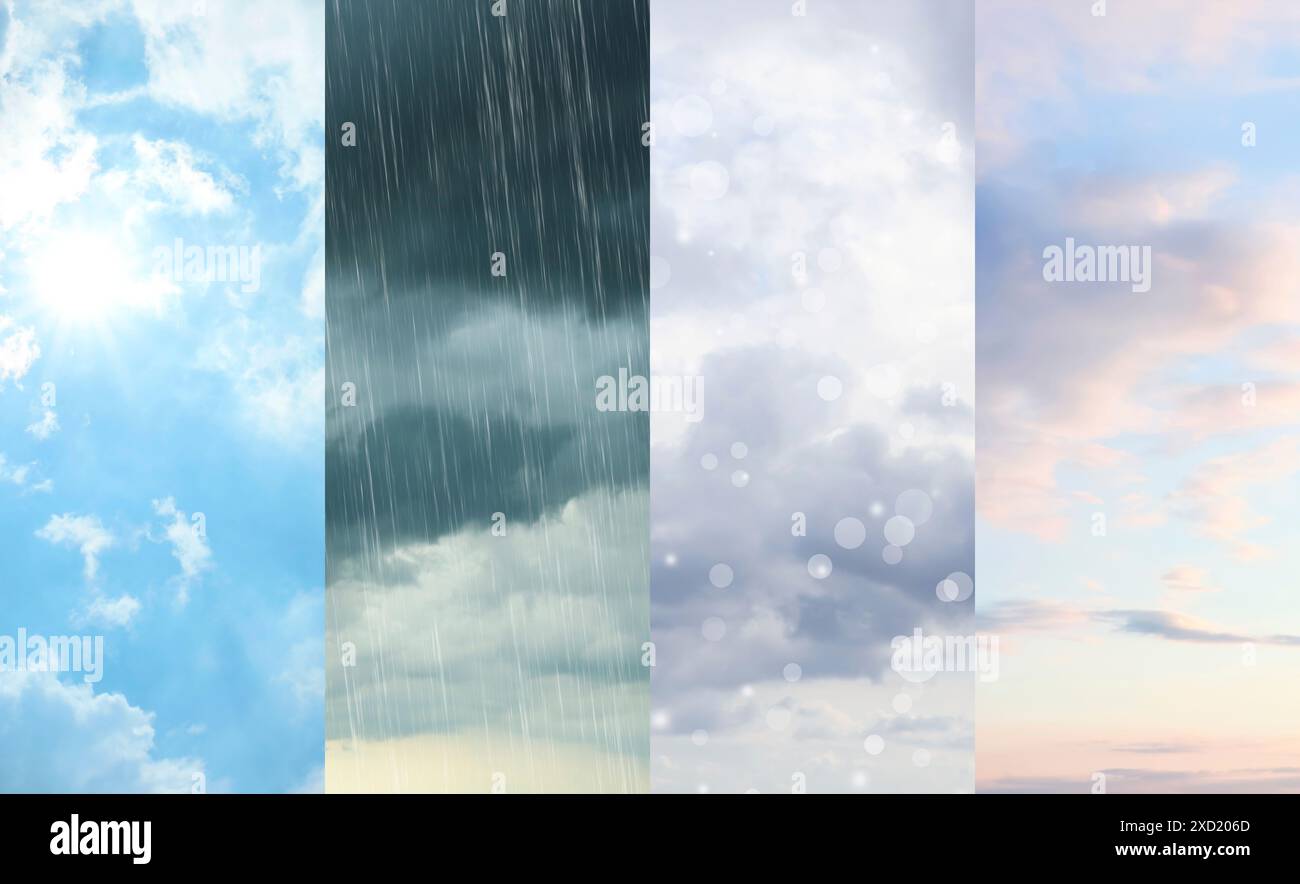 Different weather conditions due to season changing. Collage with ...