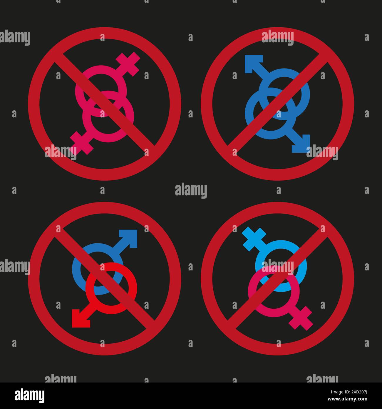No gender symbols. Prohibition sign set. Red circle icons. Black ...