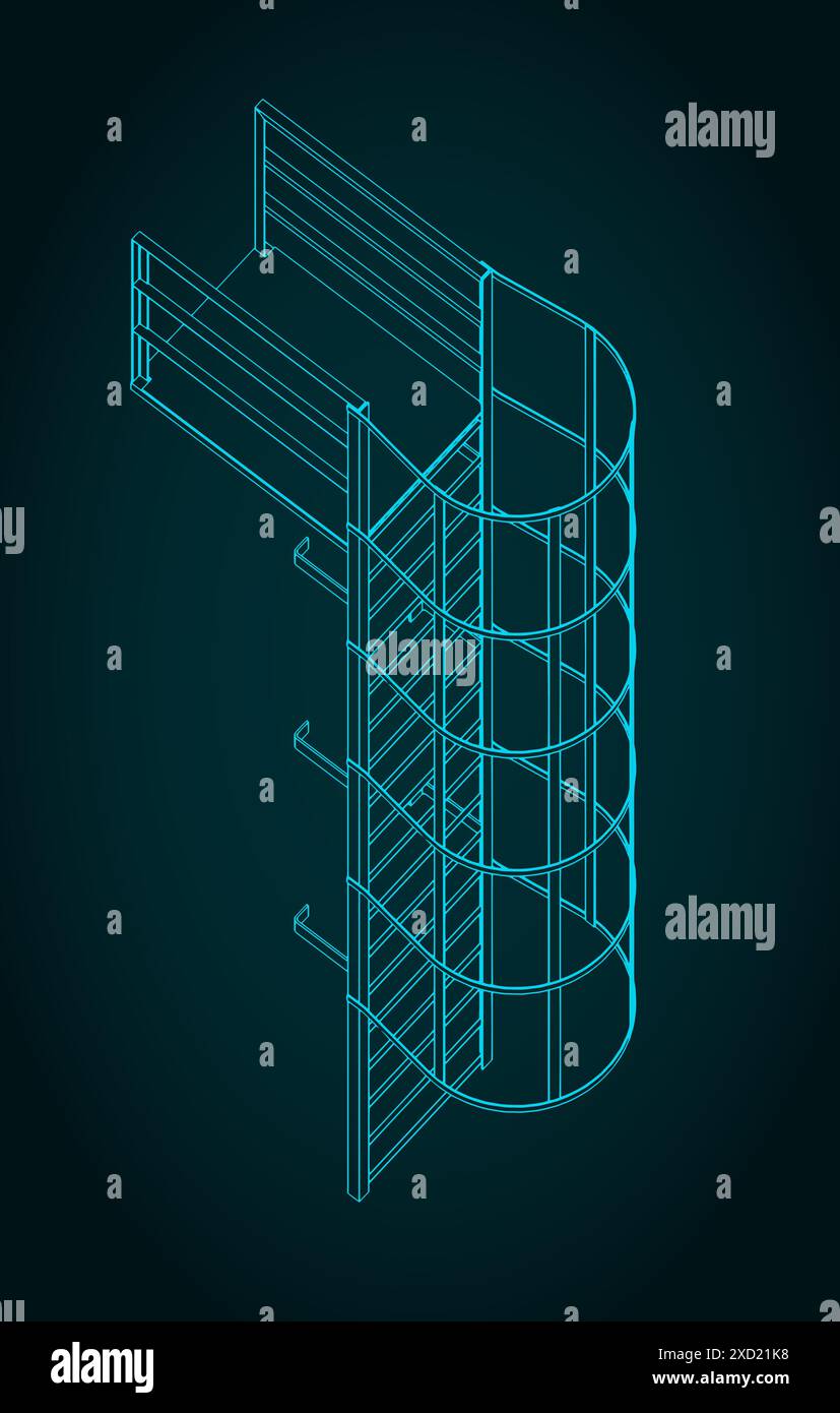 Stylized vector illustration of isometric blueprint of fire escape ...
