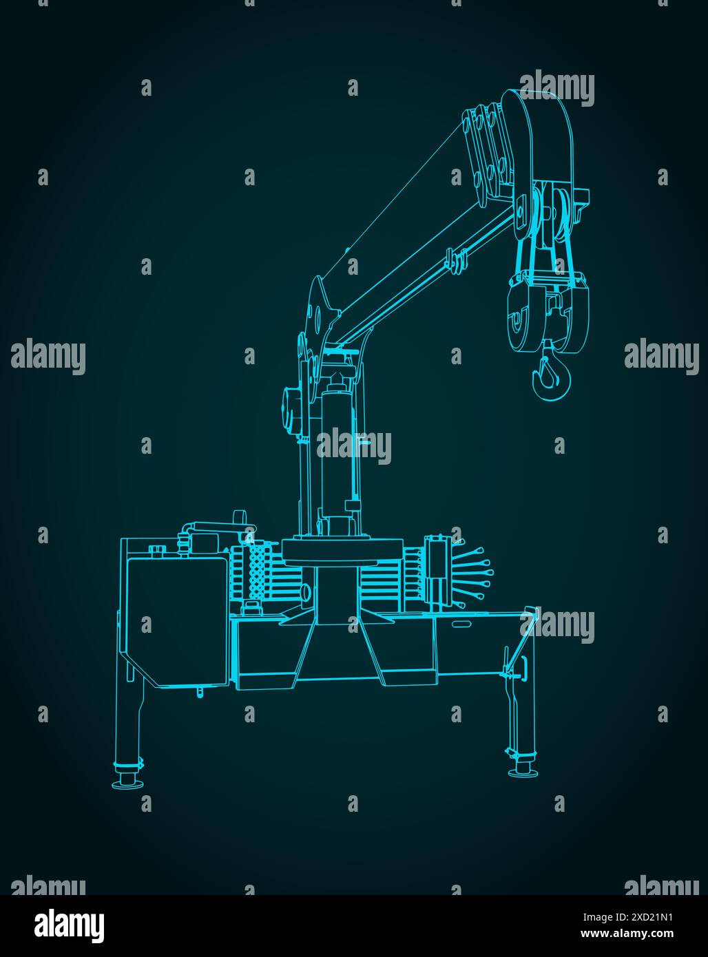 Stylized vector illustration of blueprint of mobile truck mounted crane ...