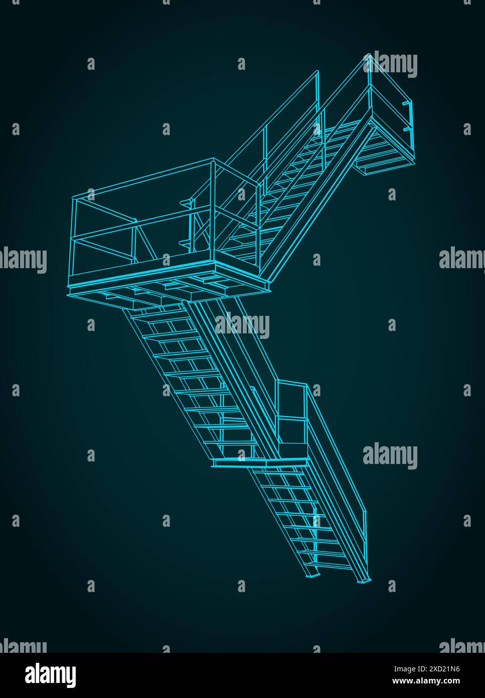 Stylized vector illustrations of blueprint of industrial staircase ...