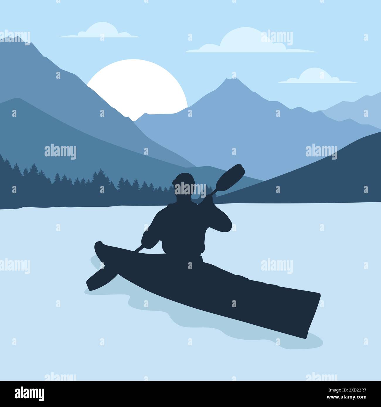 A vector illustration of Kayaking Man in a Lake Silhouette Stock Vector ...