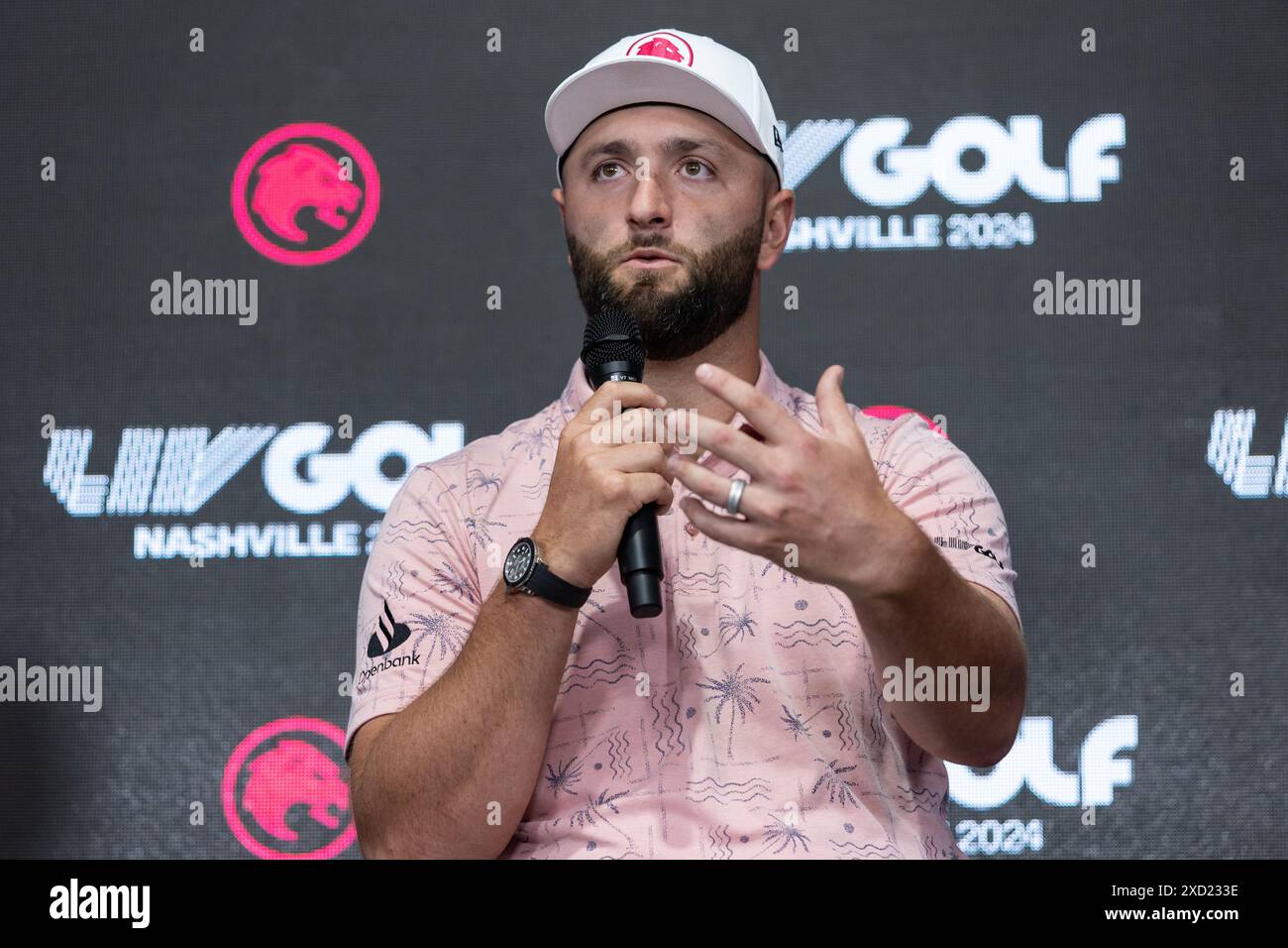 Jon Rahm addresses the media during a press conference prior to the LIV ...