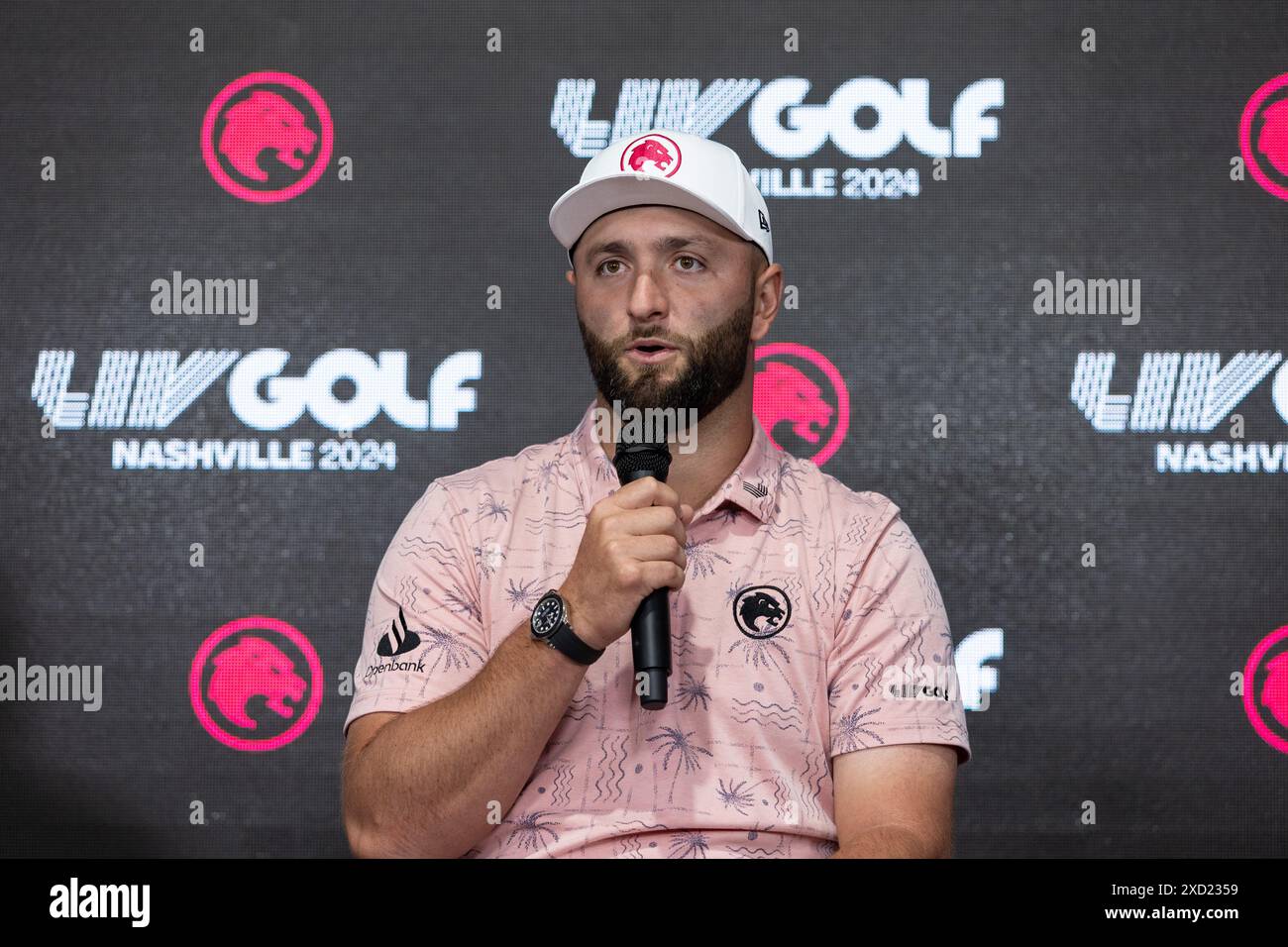 Jon Rahm addresses the media during a press conference prior to the LIV ...