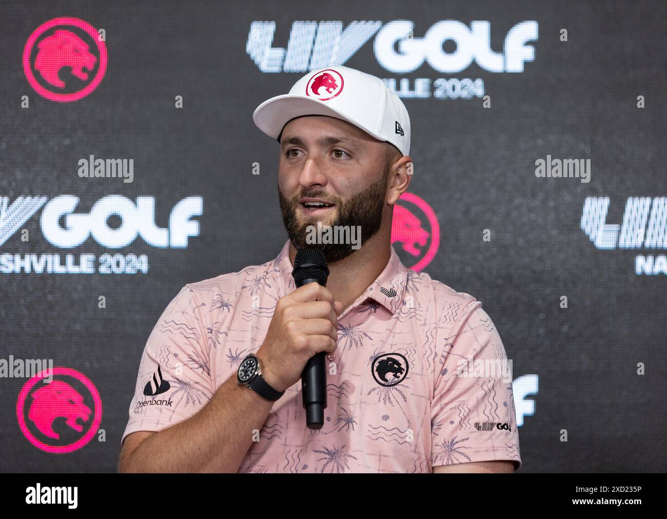 Jon Rahm addresses the media during a press conference prior to the LIV ...