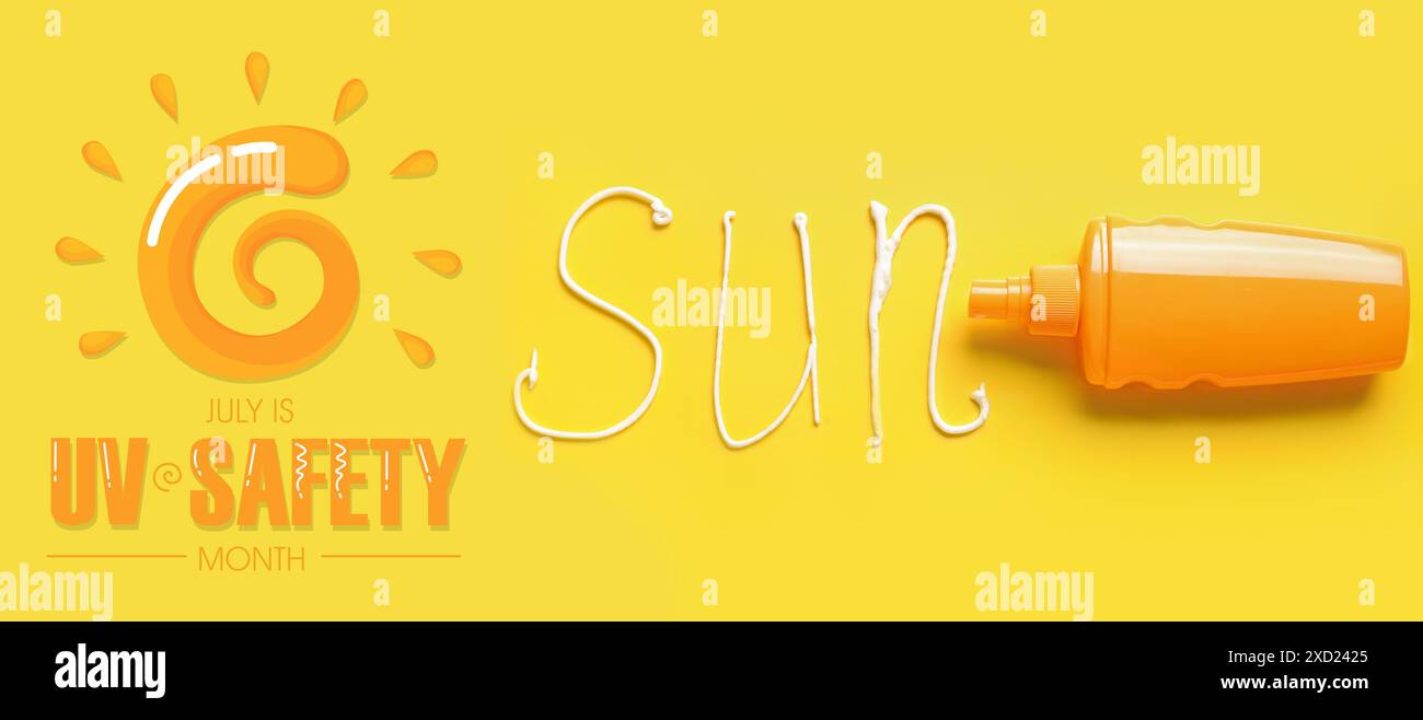 Bottle of sunscreen cream and word SUN on yellow background ...