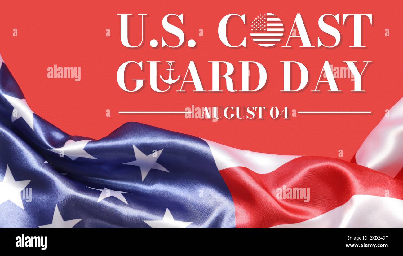 Flag of USA and text UNITED STATES COAST GUARD DAY on red background ...